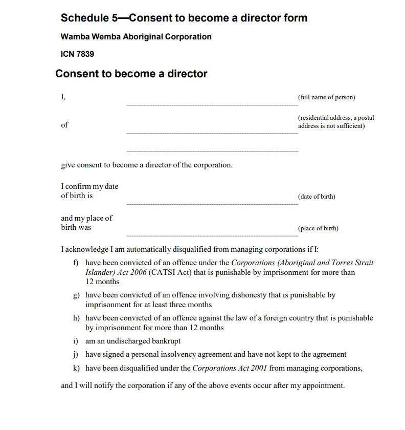 Schedule 5 - Director consent form - Wamba Wemba Aboriginal Corporation